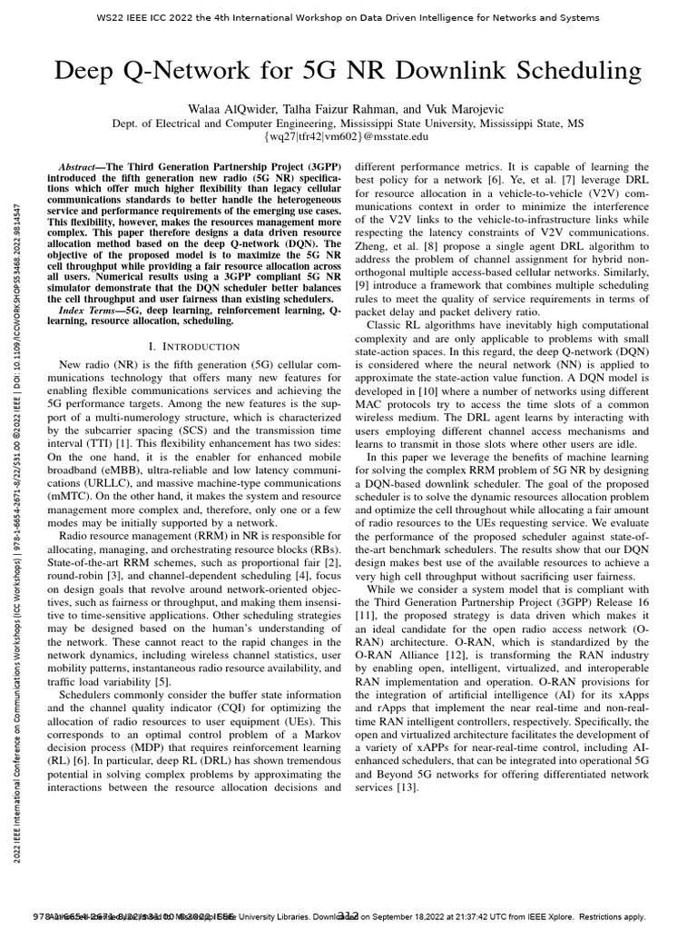 Deep Q-Network For 5G NR Downlink Scheduling | PDF | Deep Learning | Scheduling (Computing)