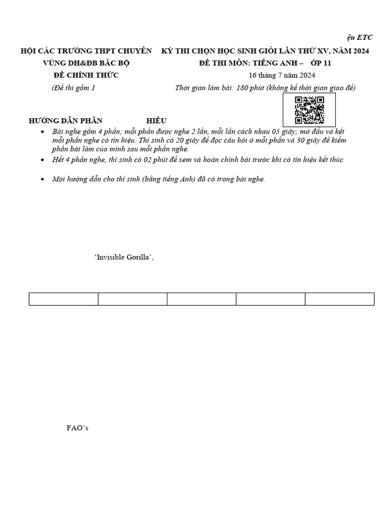 Dề thi chính thức kỳ thi HSG khu vực Duyên hải và Dồng bằng Bắc Bộ DHBB năm 2024 - Lớp 11 | PDF ...