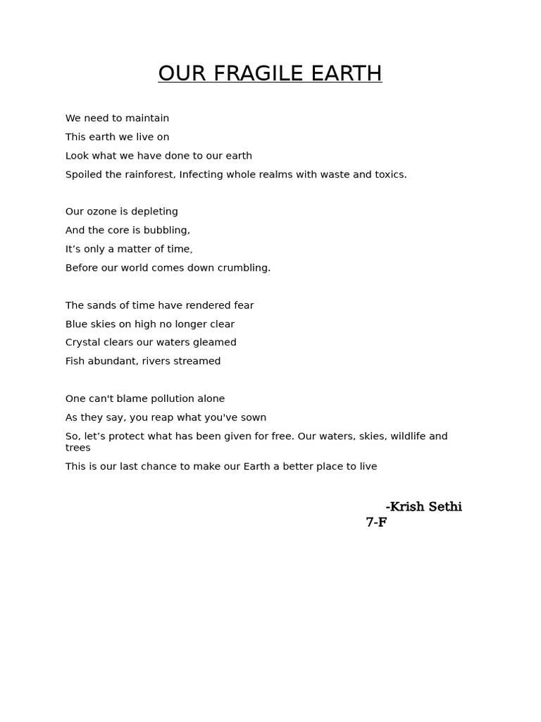Our Fragile Earth - Krish Sethi 7F | PDF