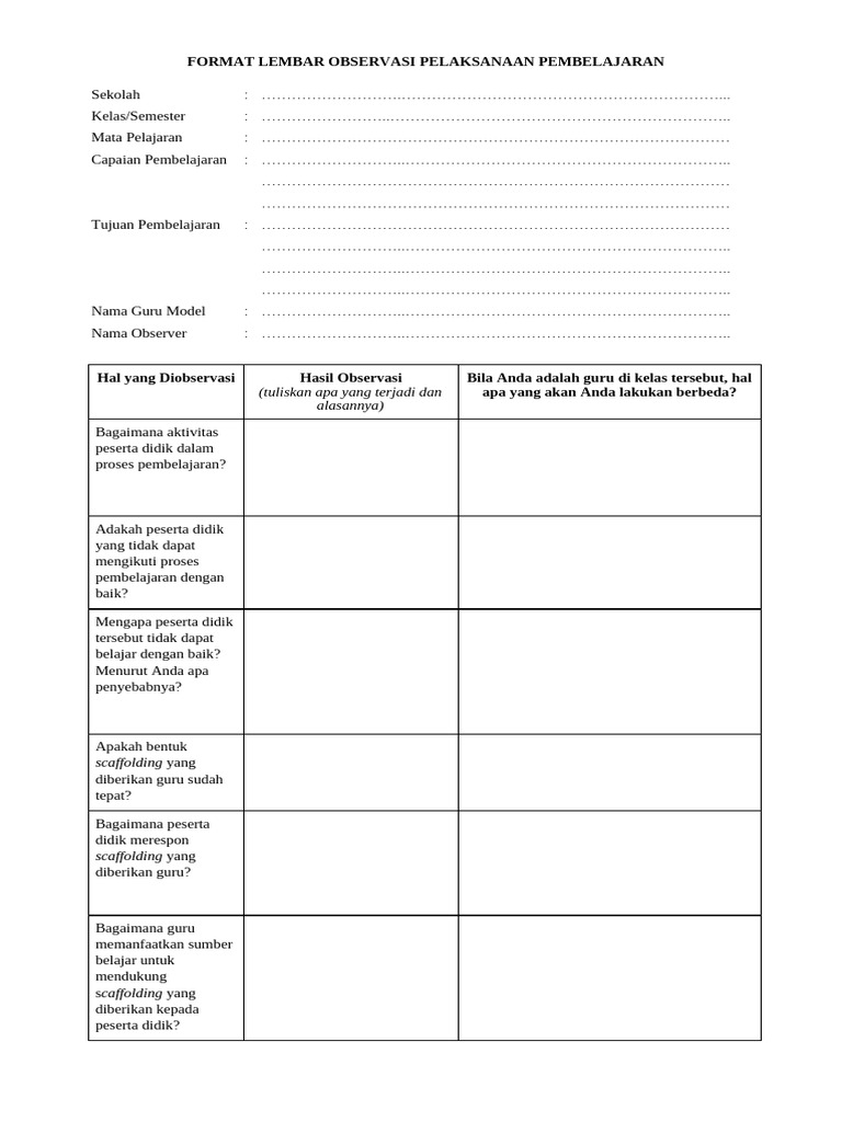 Lembar Observasi Pelaksanaan Pembelajaran | PDF