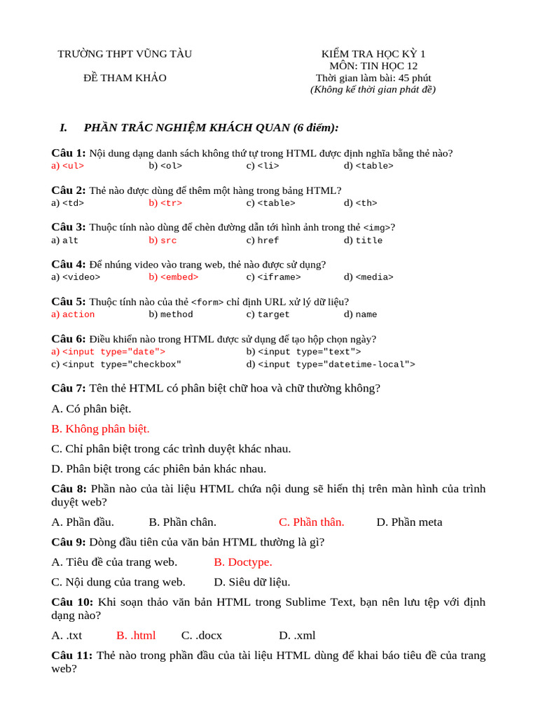 De Tham Khao 12 - HK1 | PDF