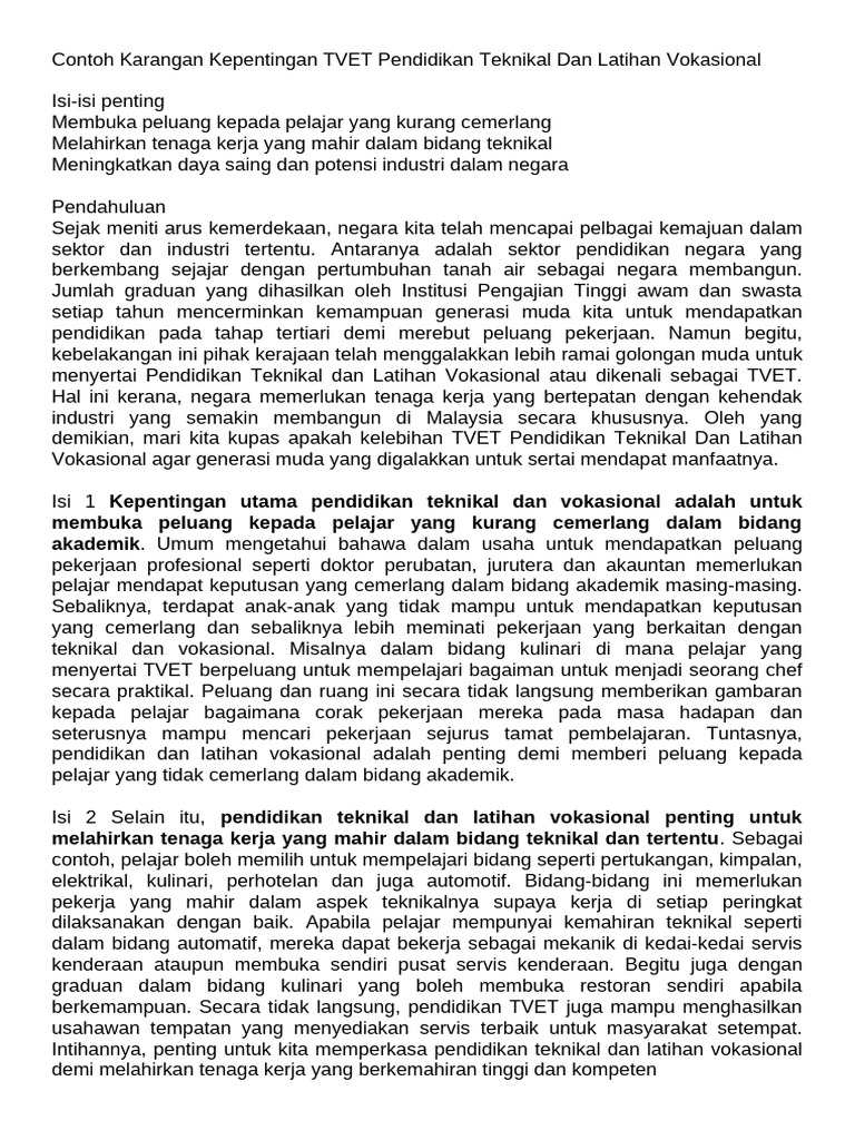 Contoh Karangan Kepentingan TVET Pendidikan Teknikal Dan Latihan ...
