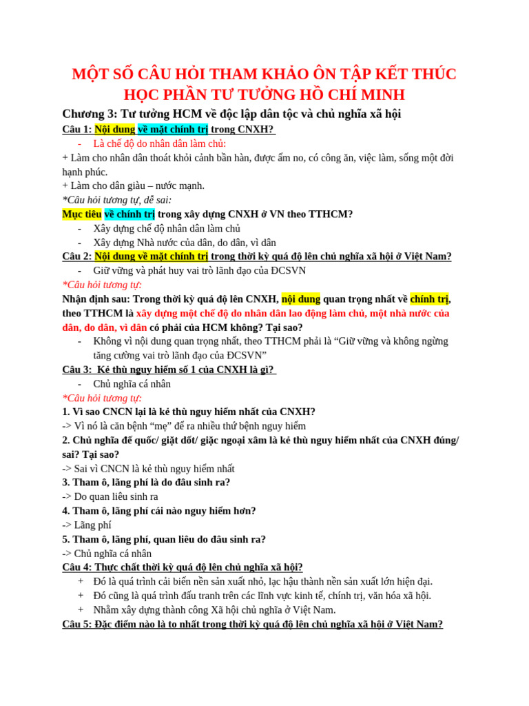 Tài Liệu Phần Câu Hỏi Nhỏ TTHCM | PDF