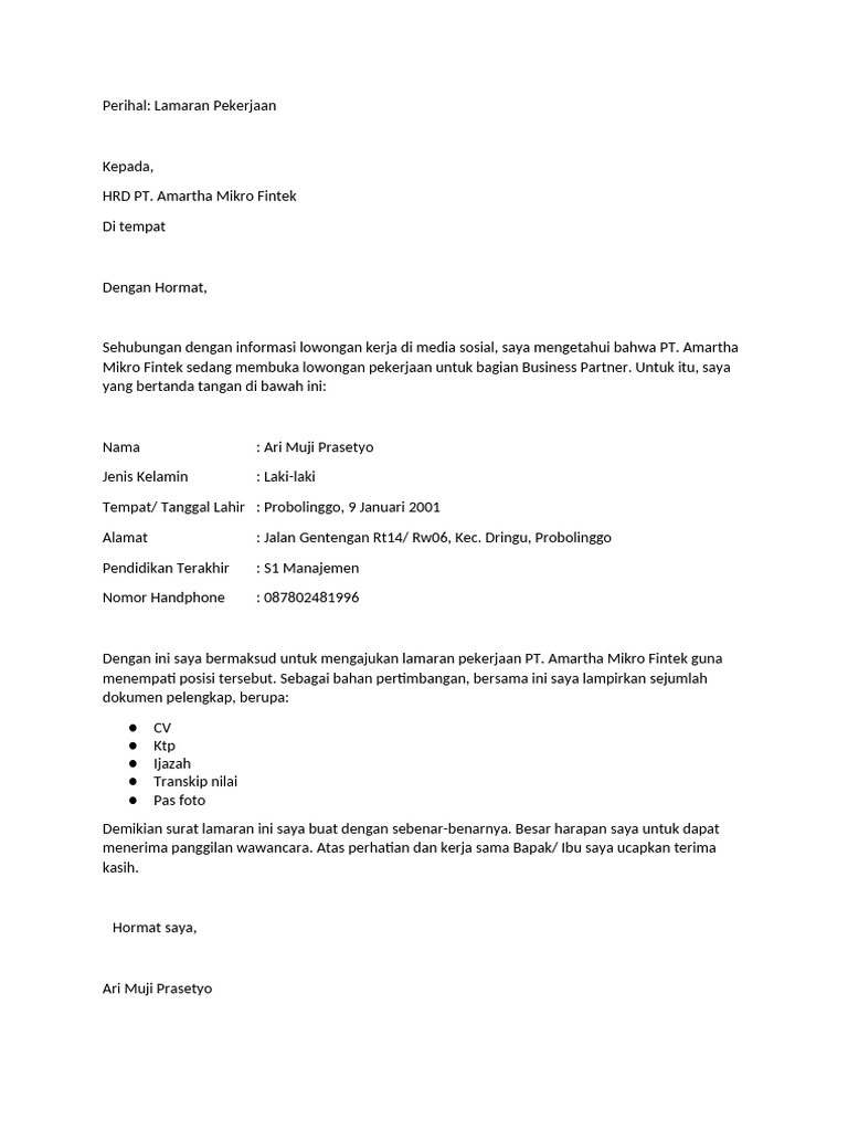 Surat Lamaran PT. Amartha Mikro Fintek | PDF