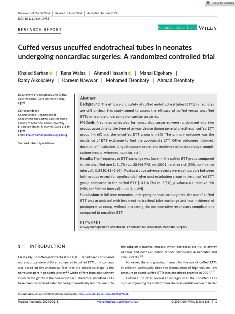 Cuffed Versus Uncuffed Endotracheal Tubes in Neonates Undergoing ...