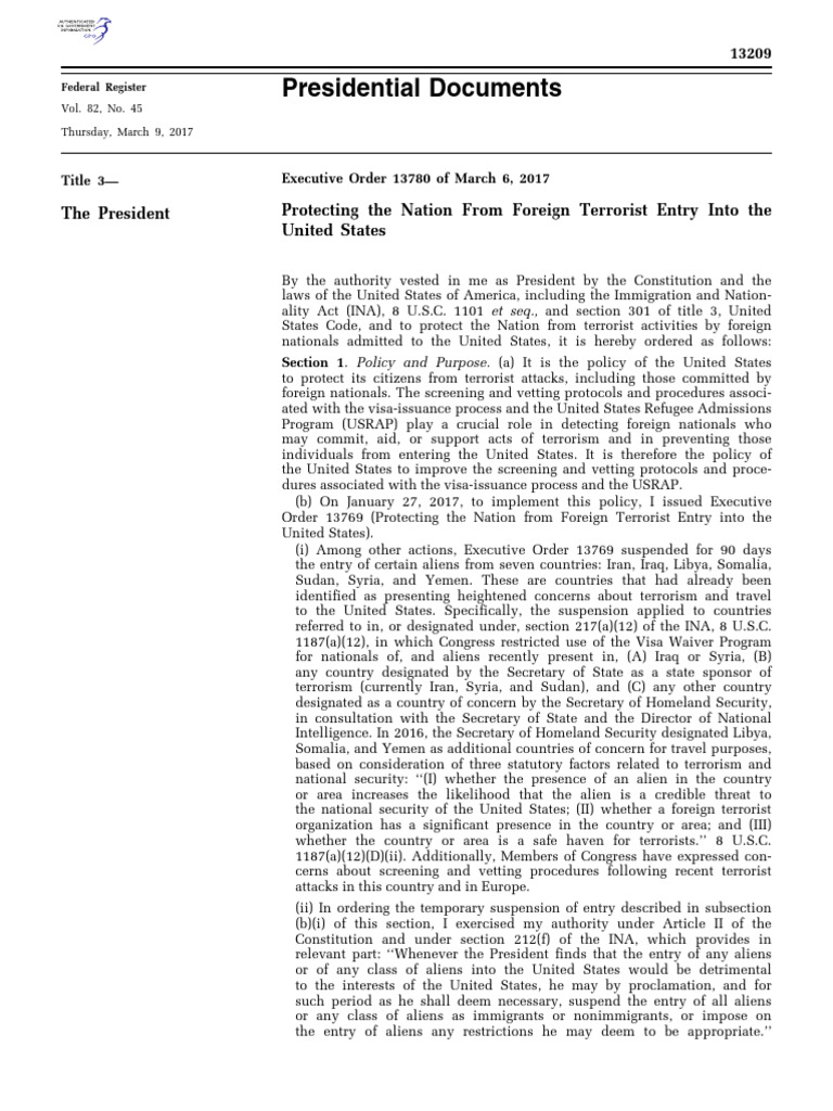 Executive Order - 13780-2017-04837 | PDF | American Government | Government