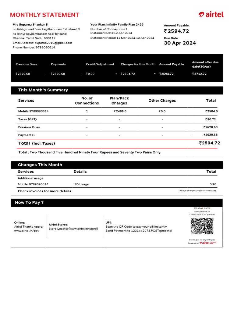 Airtel Monthly Statement Overview | PDF | Cheque | Payments
