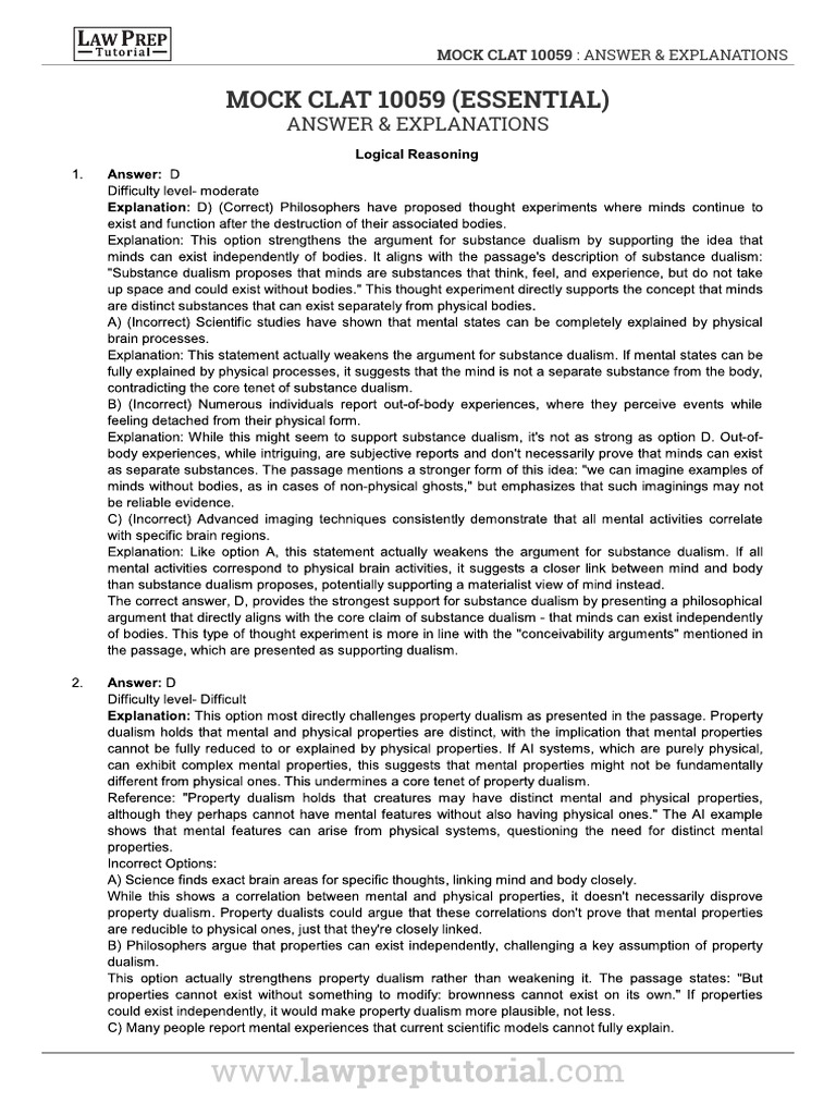 CLAT Mock Test 10059 Answers | PDF
