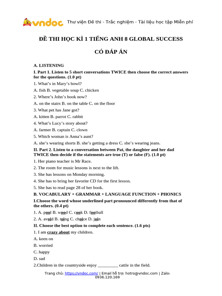 De Thi Hoc Ki 1 Tieng Anh 8 Global Success Co File Nghe de So 6 | PDF