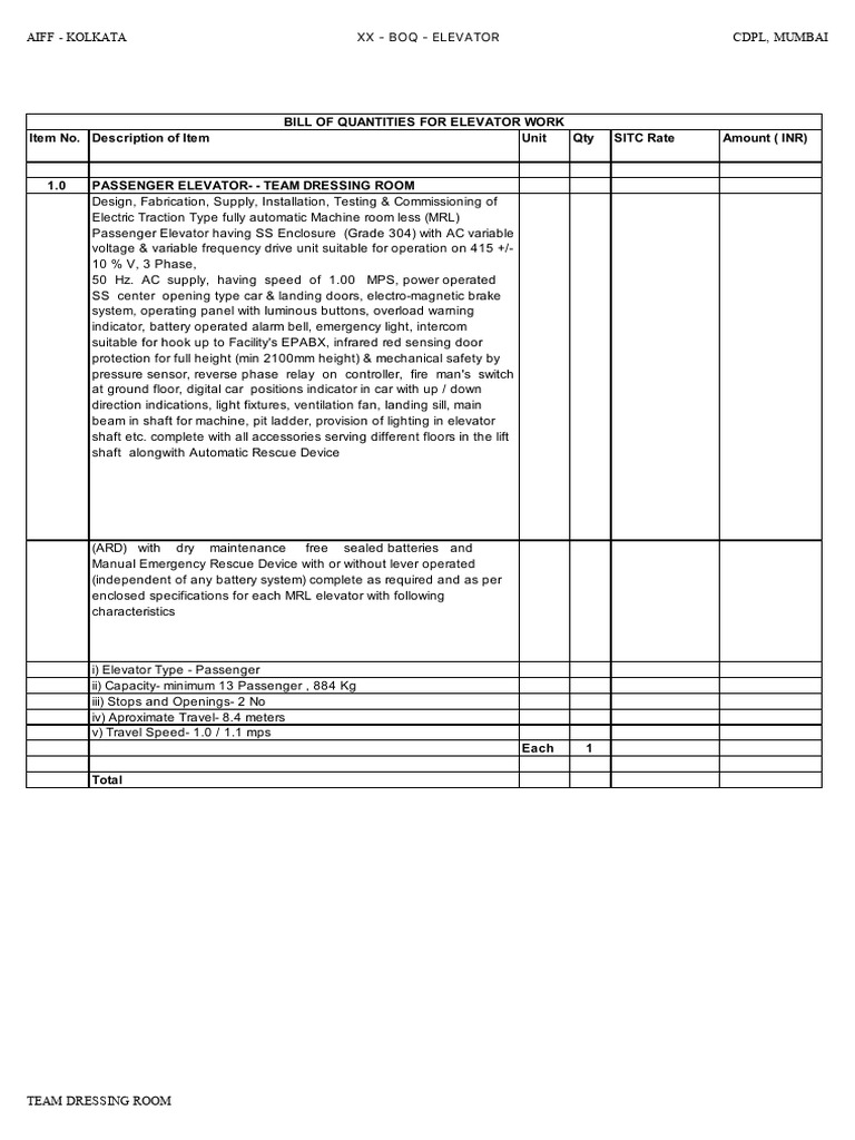 AIFF NCE Construction Dressing Room Allied Works Section 8 Bill of Quantity BOQ Format For ...
