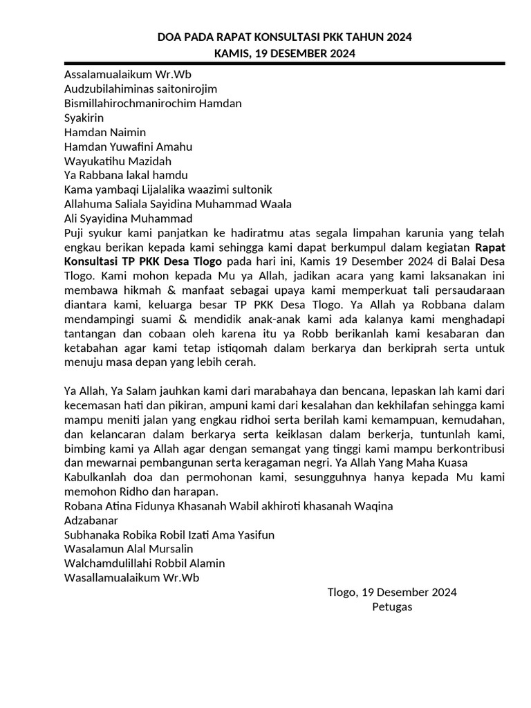 Doa Pada Rapat Konsultasi PKK Tahun 2024 | PDF