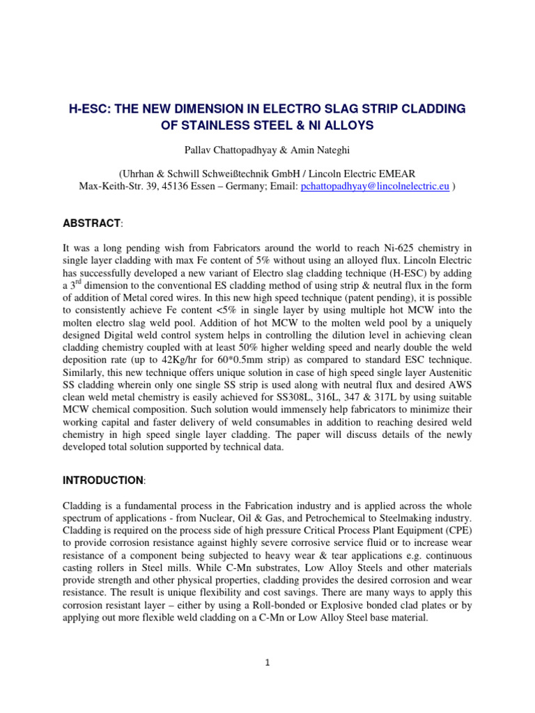 High-Speed Electro Slag Cladding Innovation | PDF | Stainless Steel | Iron