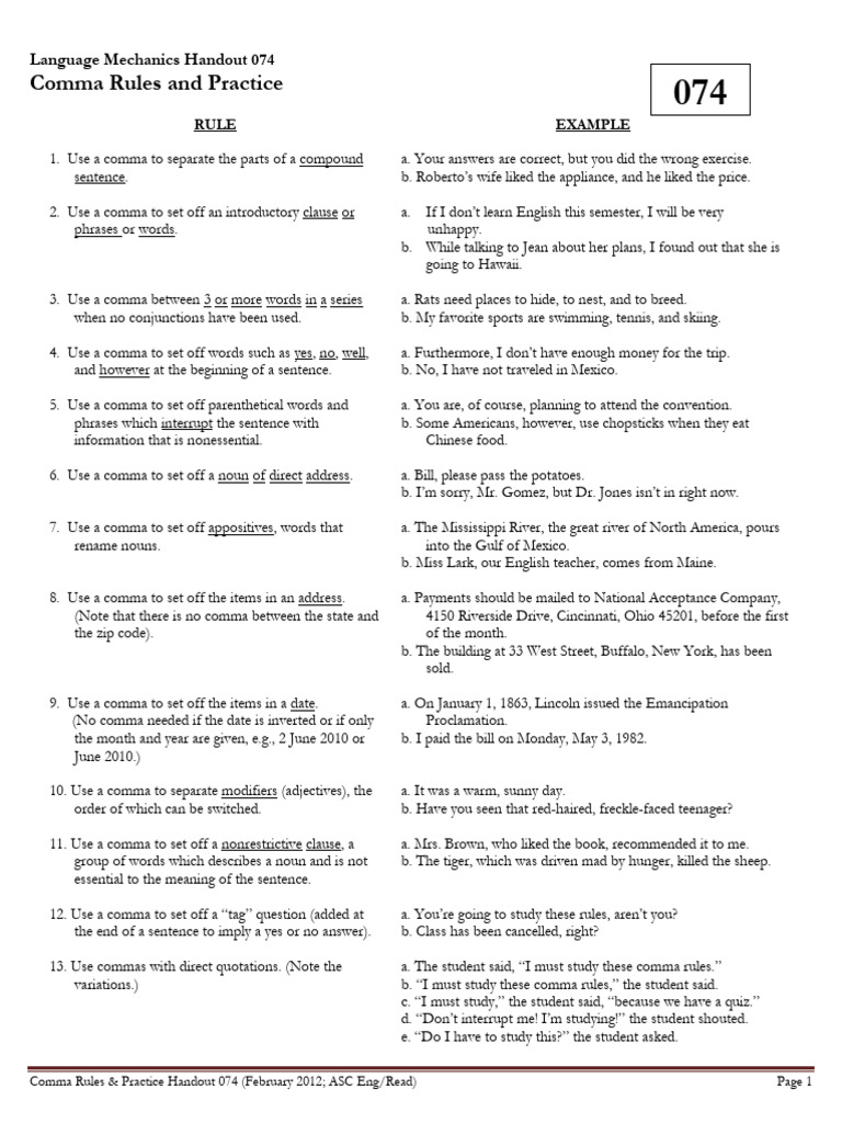 074 Comma Rules and Practice | PDF | Comma | Language Mechanics