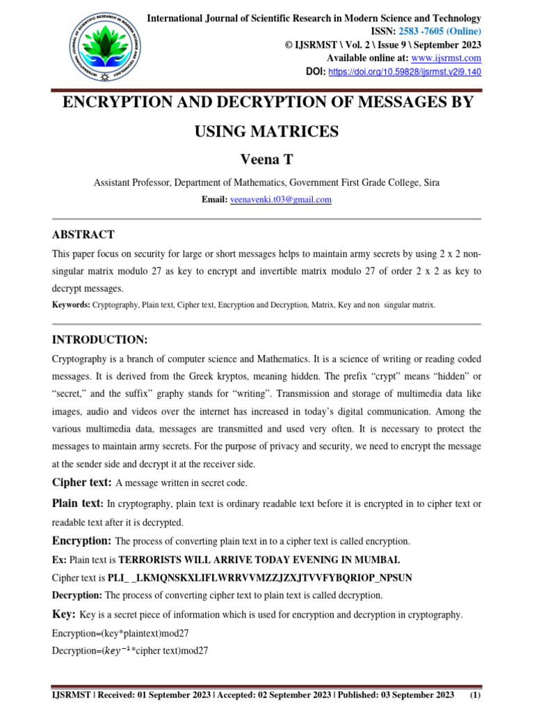 Encryption and Decryption of Messages by Using Mat | PDF | Encryption ...