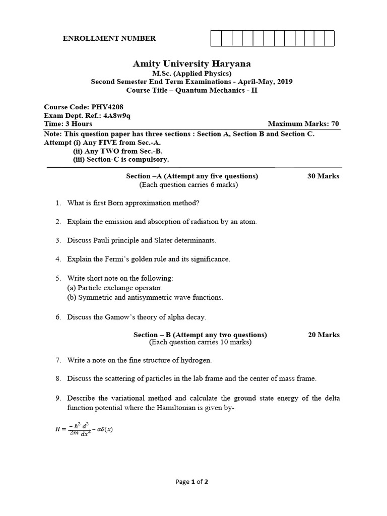 MSC (AP) Sem-II Quantum Mechanics - II - Out | PDF