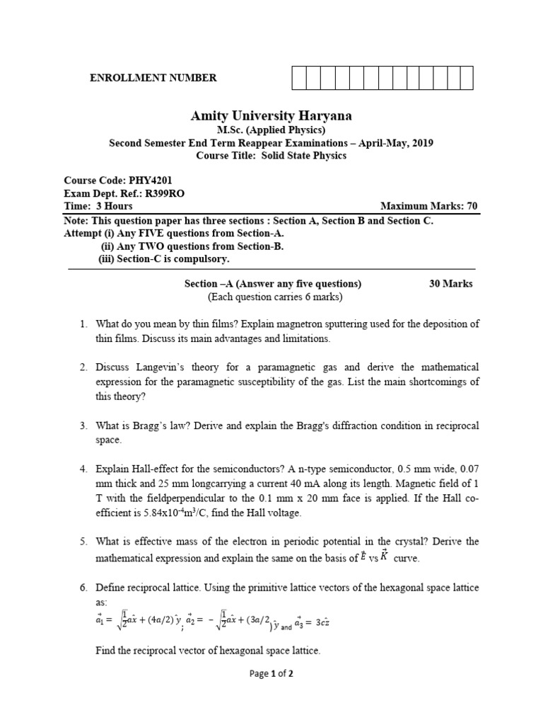 M.Sc. Solid State Physics Exam Paper | PDF | Materials Science ...
