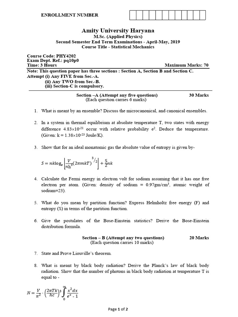 Statistical Mechanics Exam Paper | PDF | Temperature | Entropy