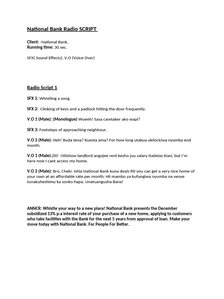 National Bank-Property Sale Radio Scripts | PDF | Money | Banking