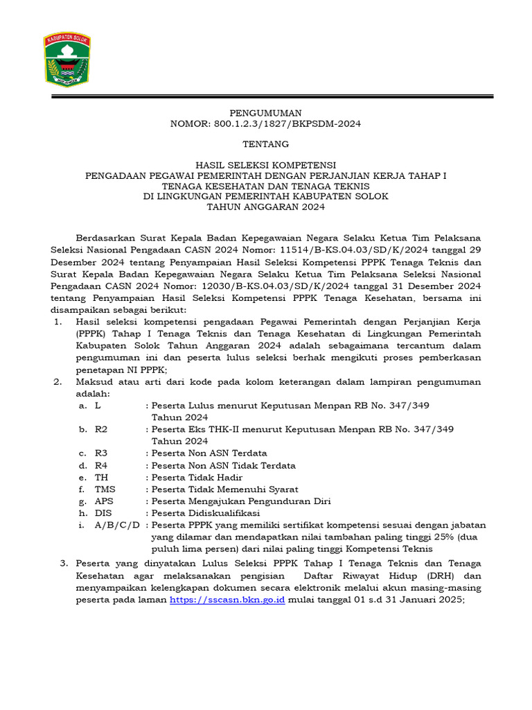 Hasil Seleksi Kompetensi Pengadaan Pegawai Pemerintah Dengan Perjanjian Kerja Tahap I Tenaga ...