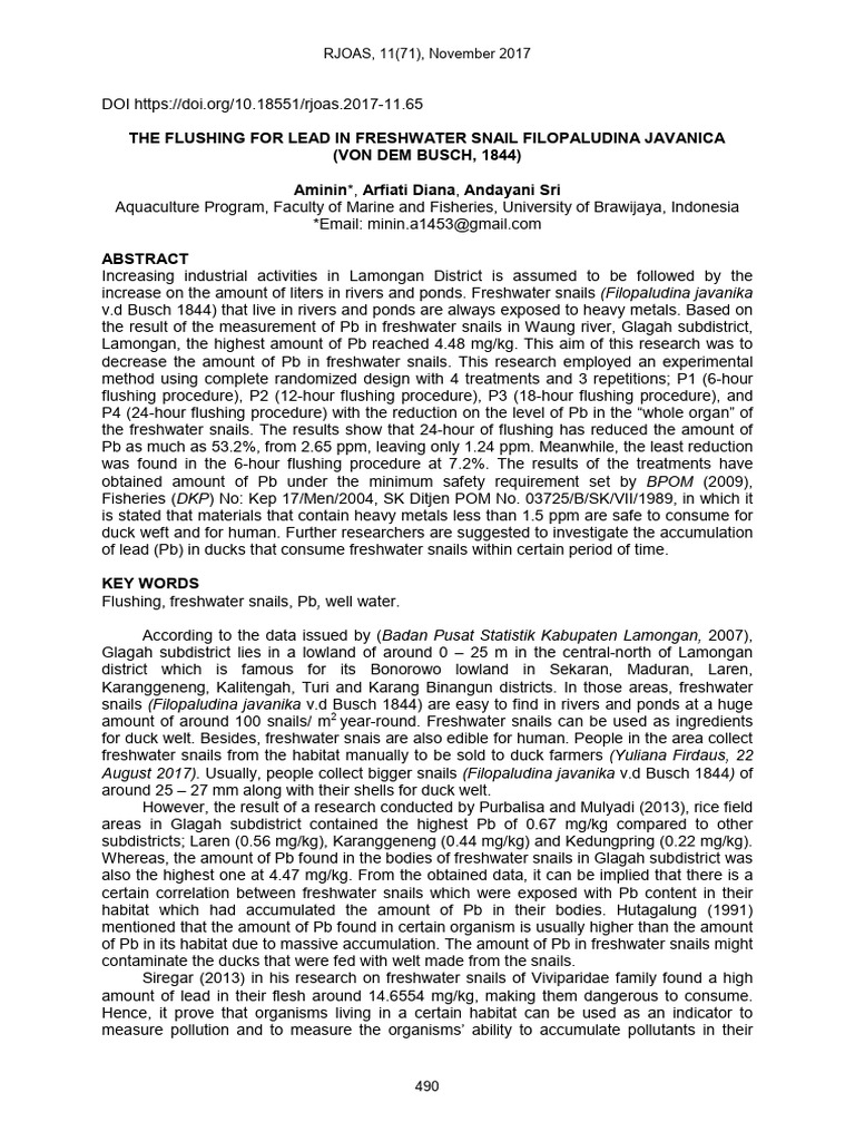 The Flushing For Lead in Freshwater Snail Filopaludina Javanica Von Dem Busch 1844 | PDF | Water ...