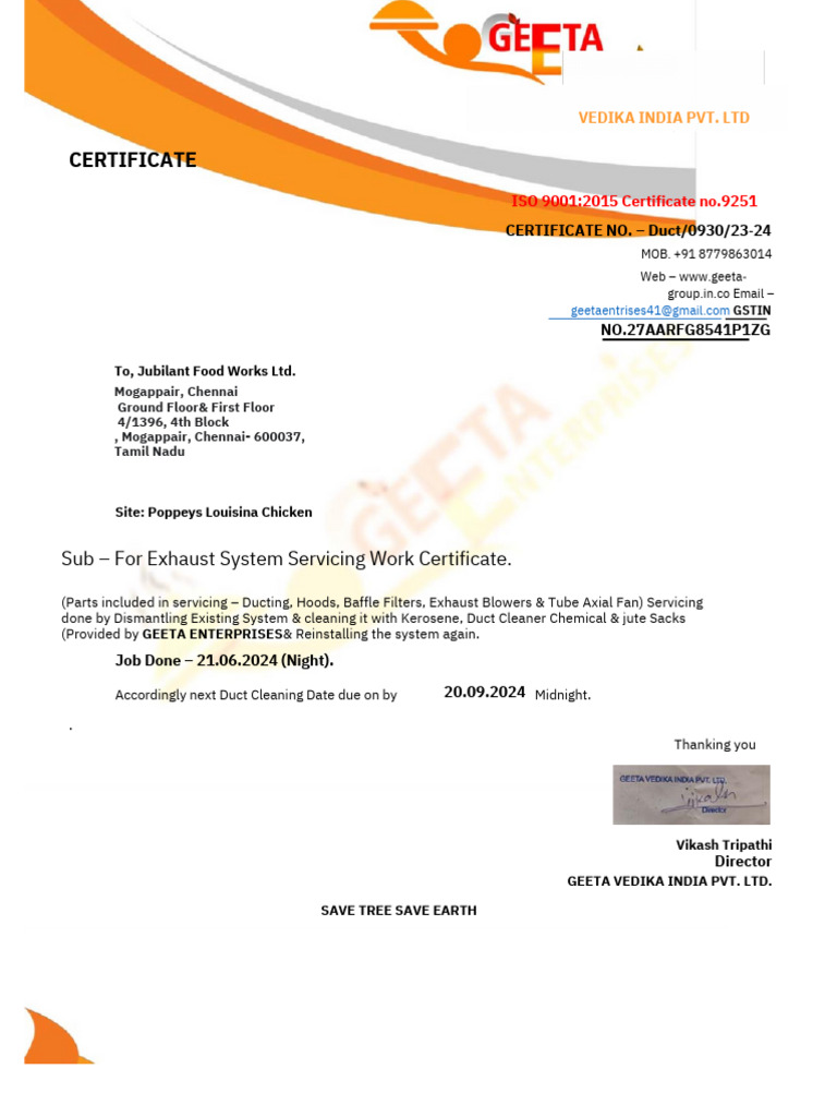 ECR Duct Cleaning Certificate PDF | PDF