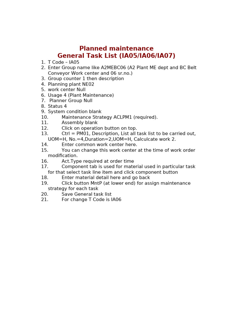 General Task List IA05 | PDF