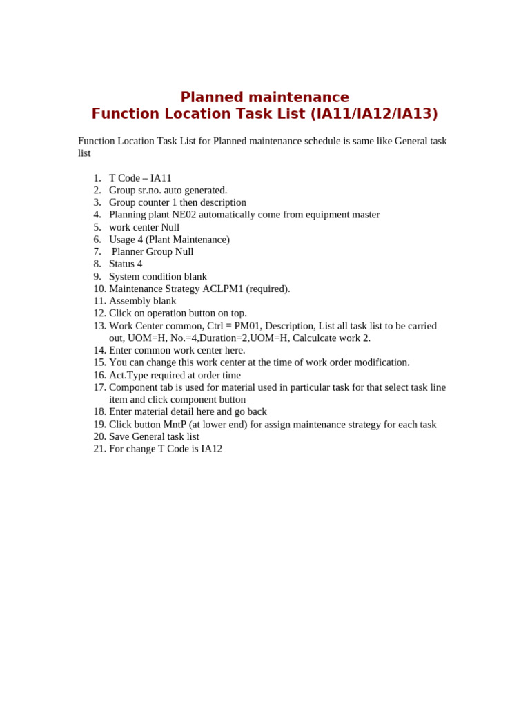 Function Location Task List IA11 | PDF