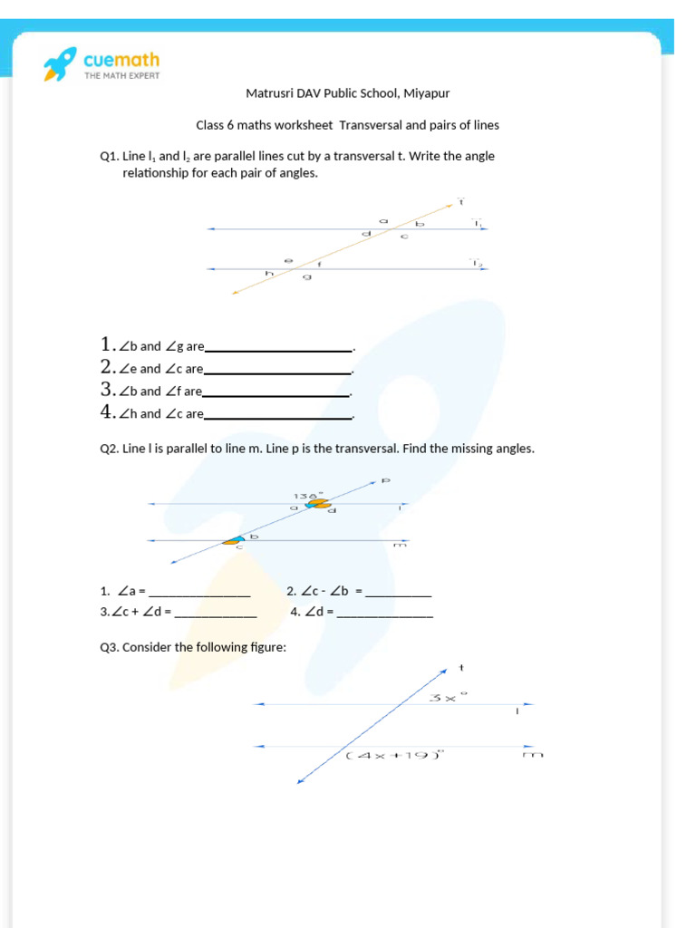 Class 6 Transversal and Lines Worksheet | PDF | Angle | Euclidean Geometry