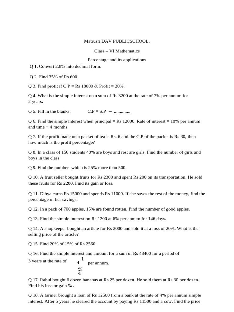 ClassVI Maths ch5 Worksheet Percentageanditsapplications 2023 | PDF | Interest | Percentage