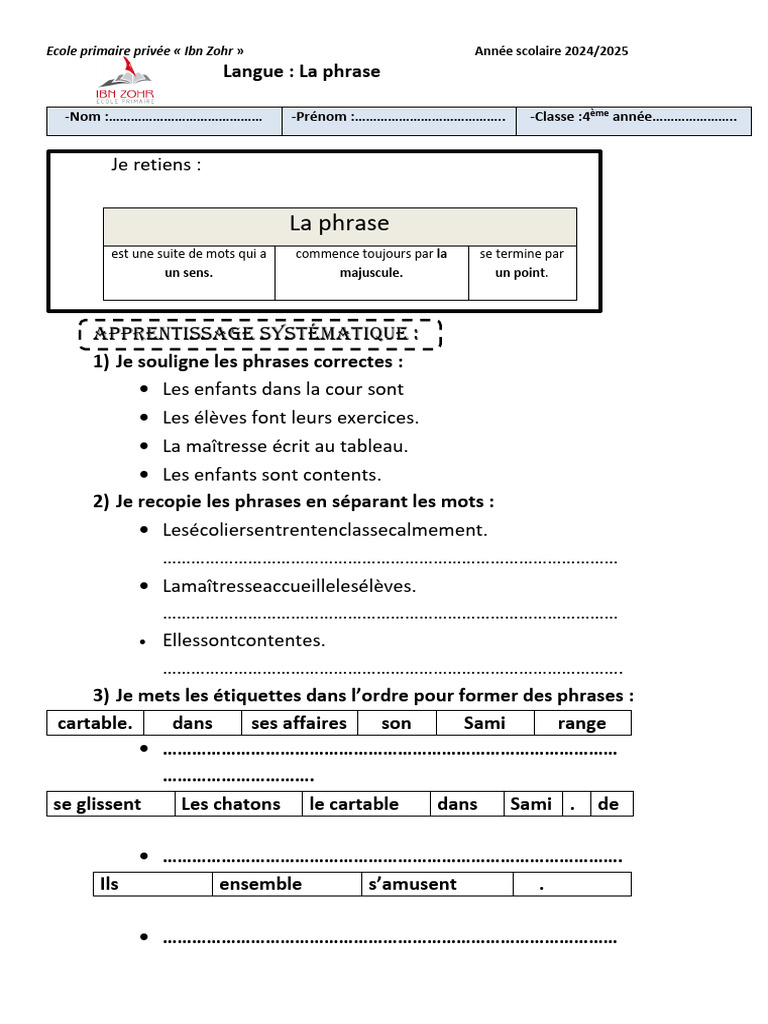 La grammaire de la phrase en 4ème année | PDF | Linguistique