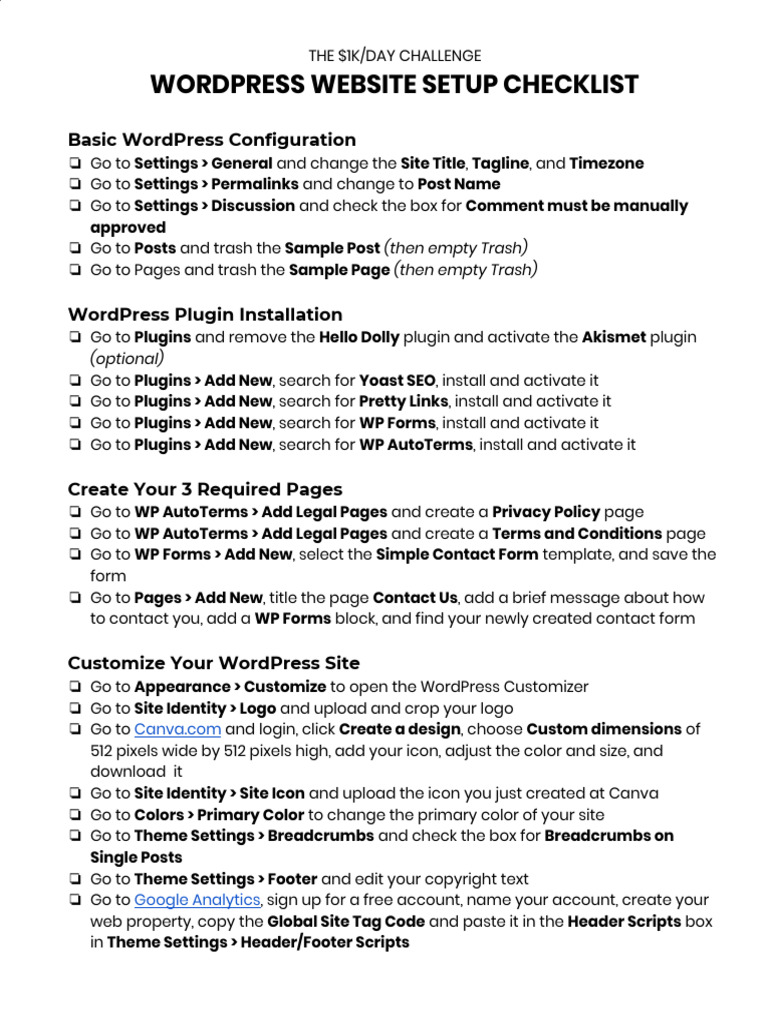 The $1K - Day WordPress Website Setup Checklist | PDF