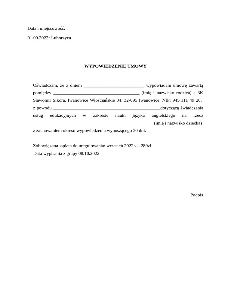 Wypowiedzenie umowy - wzór | PDF