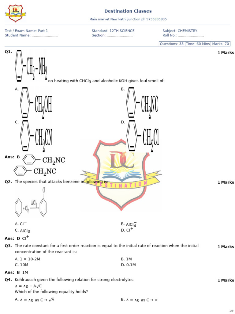Part 1-12TH SCIENCE-CHEMISTRY-Answersheet | PDF | Chemical Equilibrium ...