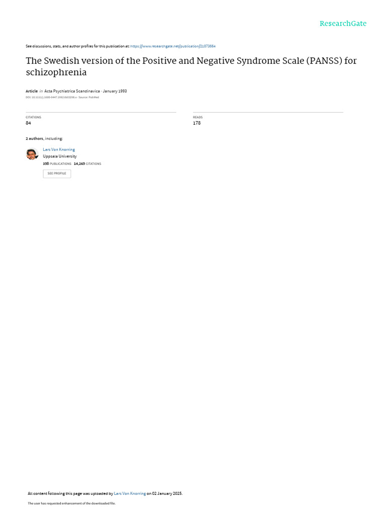 The Swedish Version of The Positive and Negative Syndrome Scale (PANSS ...