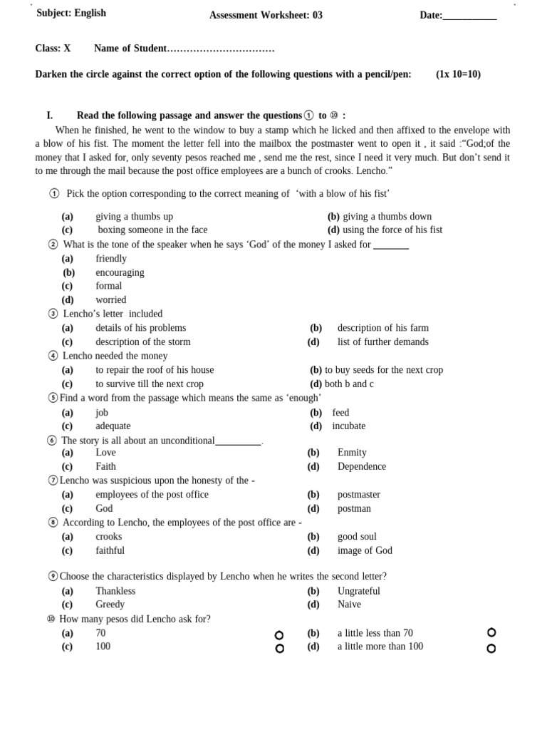 English Assessment Worksheet 3 Class 10th | PDF | Written Communication