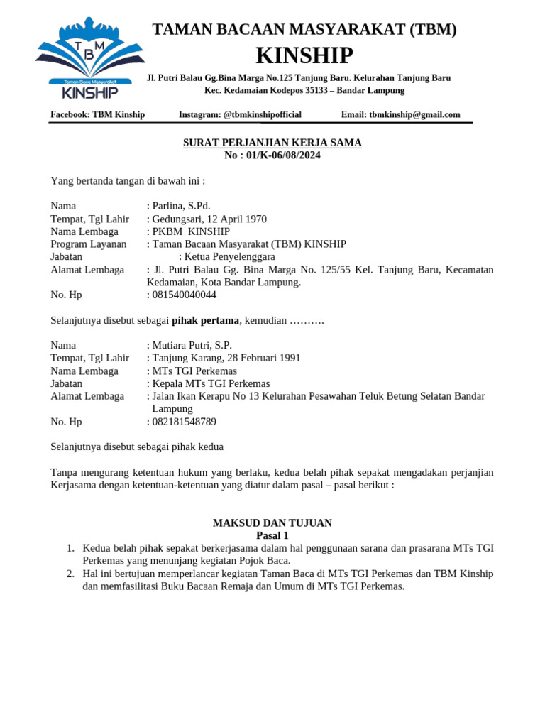 MoU TBM KINSHIP Dengan MTS TGI Perkemas | PDF
