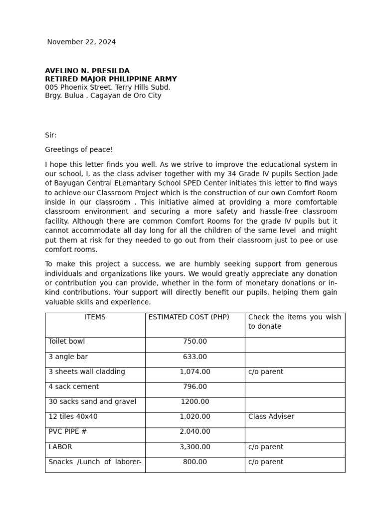 Solicitation Letter Classroom Project | PDF