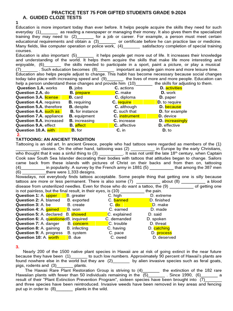 Practice Test 75 For Gifted Students Grade 9 | PDF | Tattoo ...