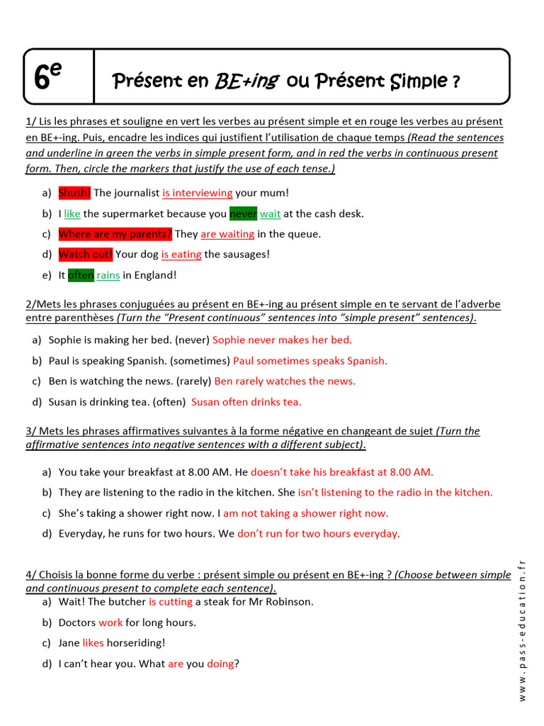 Correction Présent BE Ing Présent Simple 6ème Révisions | PDF