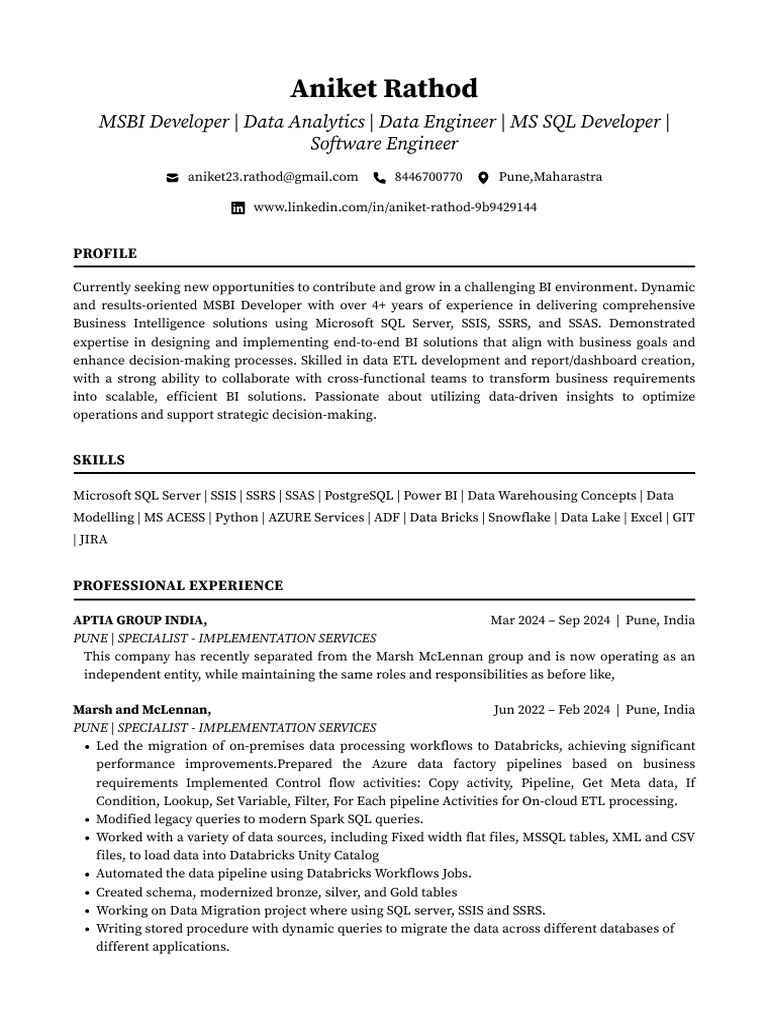 Aniket Rathod Resume | PDF | Microsoft Sql Server | Application Software