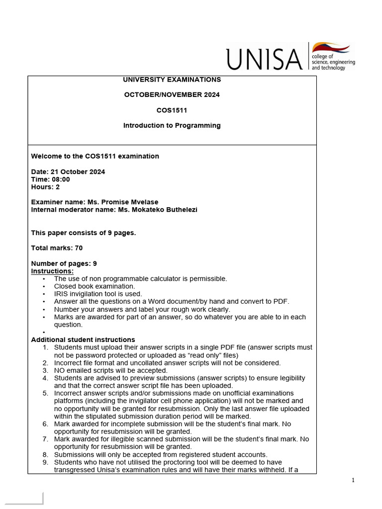 COS1511 Oct - Nov EQP - 2024 | PDF | Plagiarism | Computing