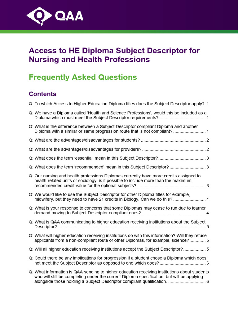 Faqs Access To He Diploma Subject Descriptor For Nursing and Health ...