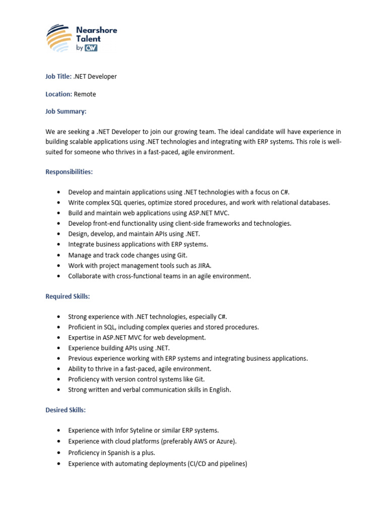 NET DEVELOPER - JOB DESCRIPTION | PDF | Web Development | Computing