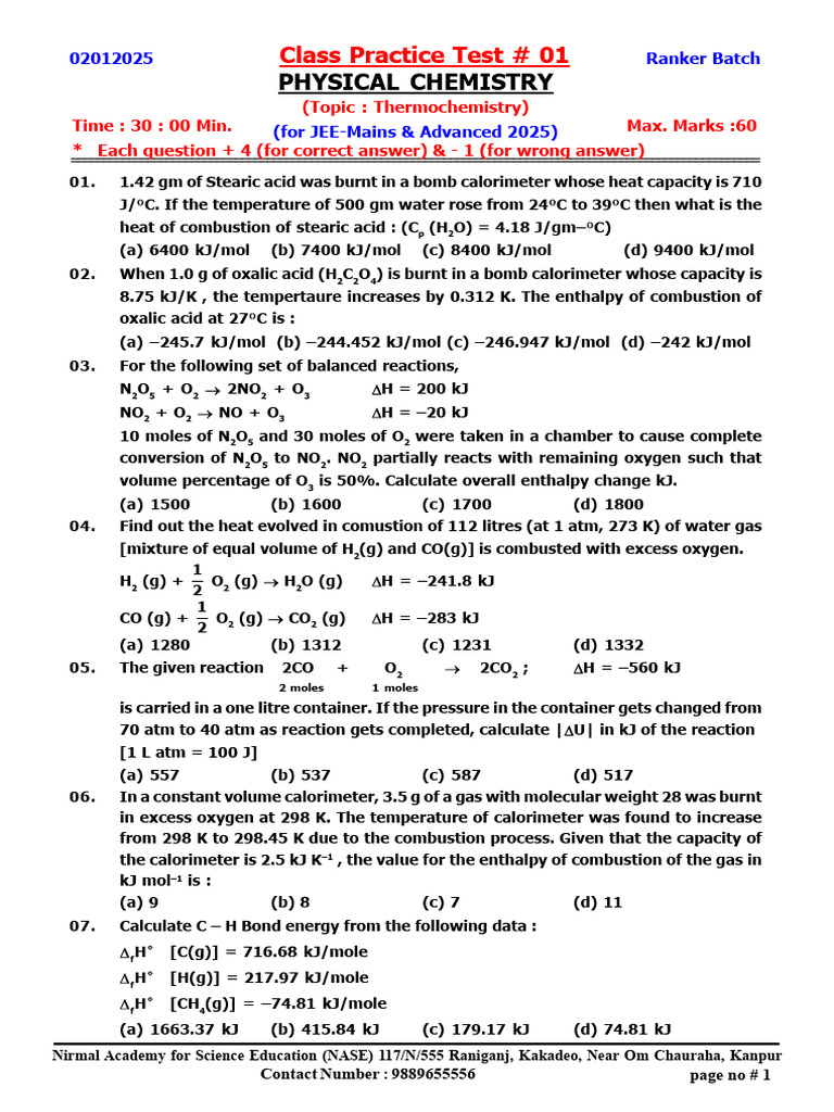Class Practice Test-01 Thermochemistry_250102_184838 | PDF | Combustion ...