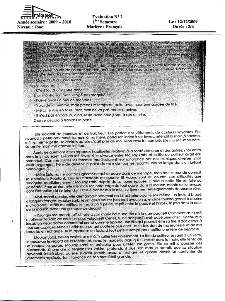 Devoir 2 Modele 2 Francais 2 Bac Semestre 1 | PDF