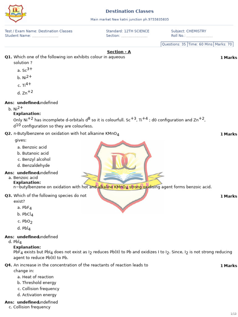 Destination Classes - 12TH SCIENCE-CHEMISTRY-Answersheet | PDF | Amine ...