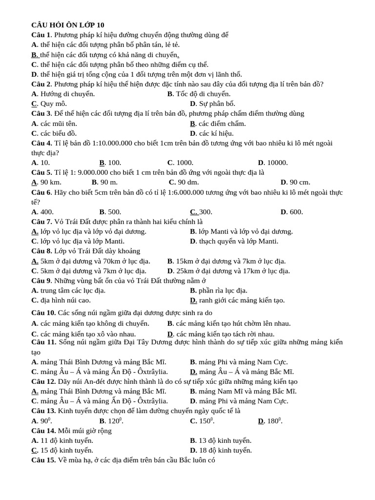 câu hỏi ôn lớp 10-HK1 | PDF