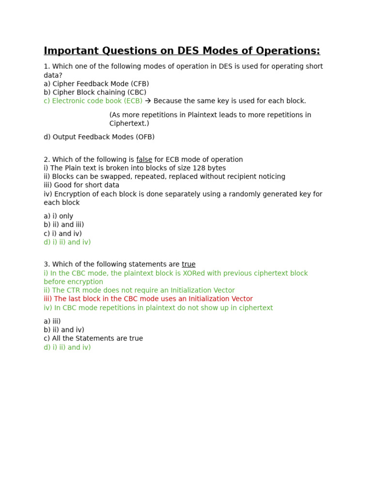 Key Questions on DES Modes of Operation | PDF | Secure Communication ...