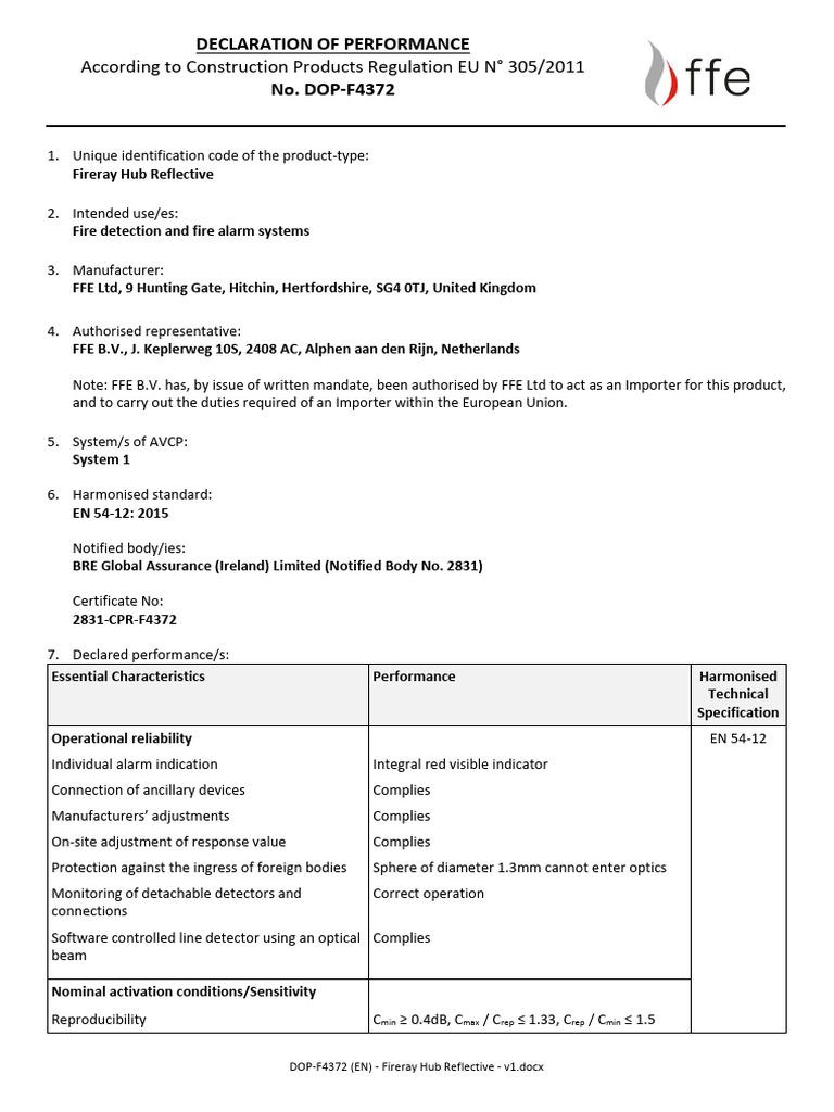 Fireray Hub Reflective Declaration of Performance Europe CPR DOP | PDF ...
