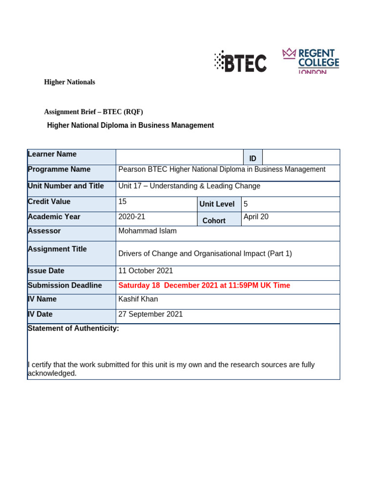 Unit 17 Understanding and Leading Change R21 | PDF | Risk | Employment